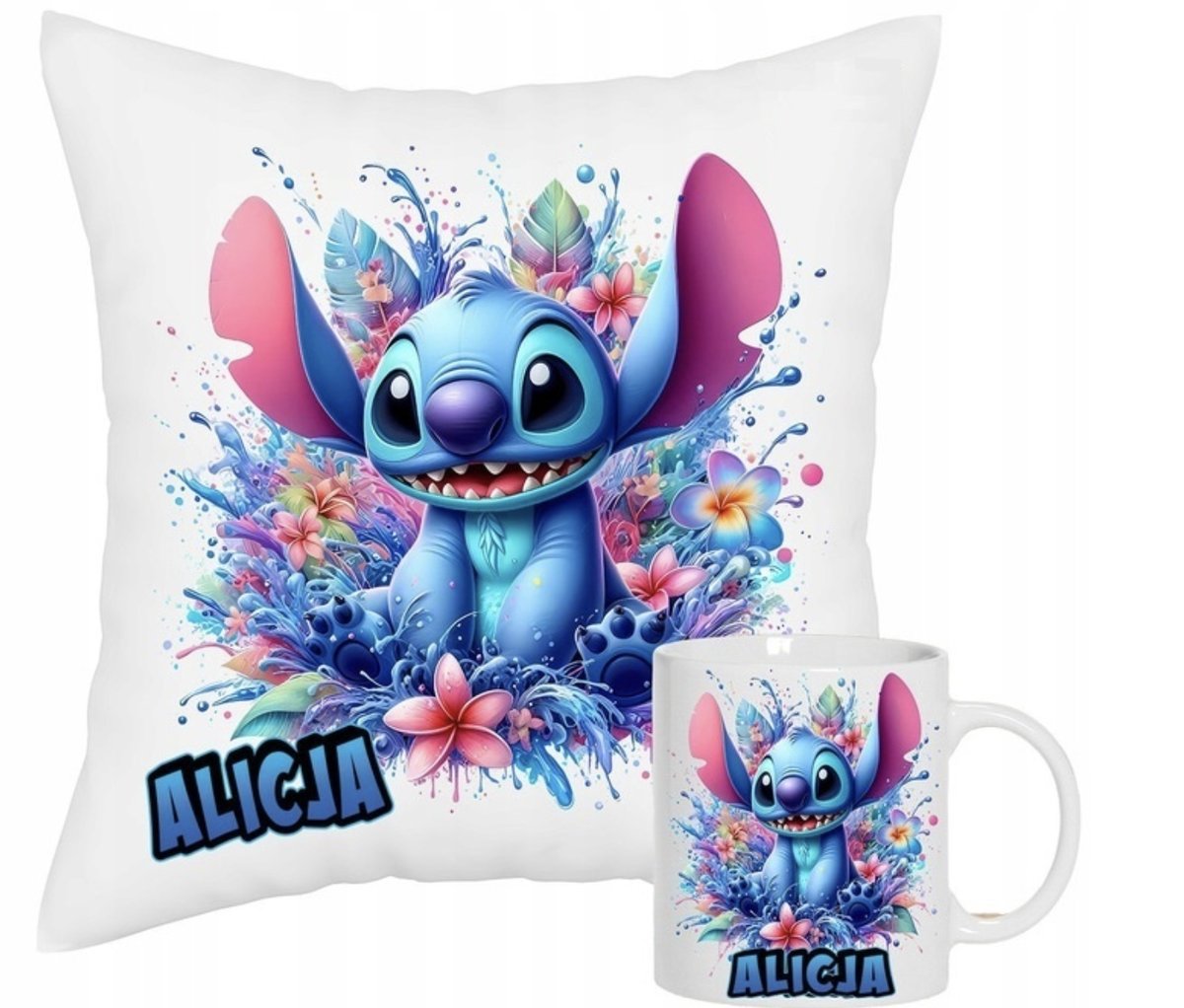 ZESTAW PODUSZKA + KUBEK PREZENT DLA DZIECKA STICH STITCH STICZ + IMIĘ ...