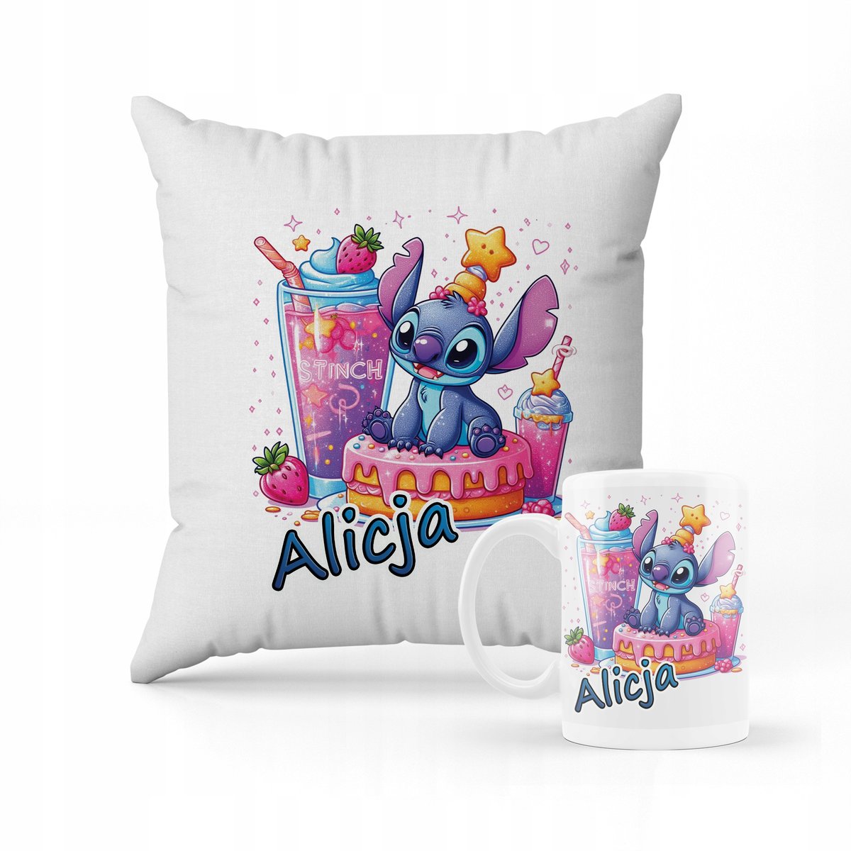 ZESTAW PODUSZKA + KUBEK PREZENT DLA DZIECKA STICH STITCH STICZ + IMIĘ ...