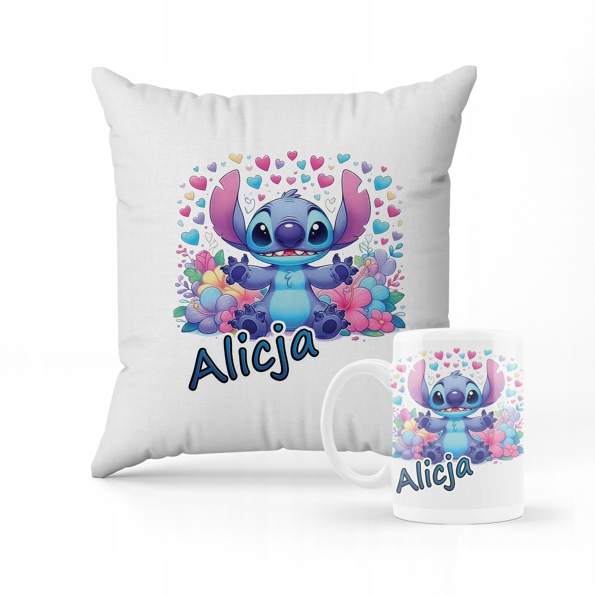 ZESTAW PODUSZKA + KUBEK PREZENT DLA DZIECKA STICH STITCH STICZ + IMIĘ ...