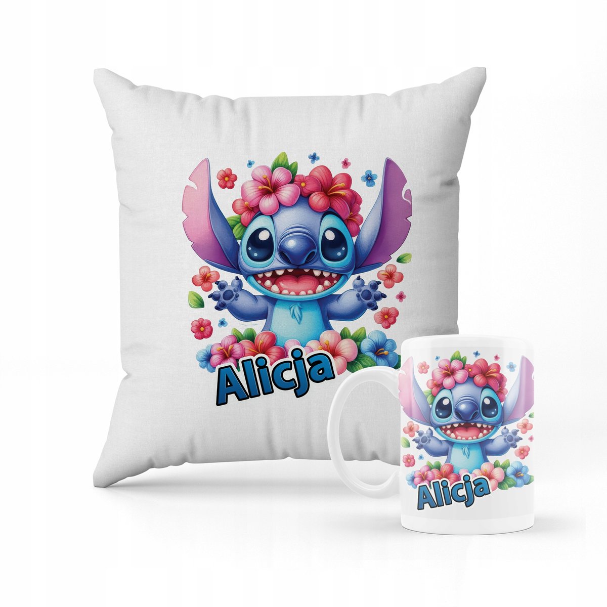 ZESTAW PODUSZKA + KUBEK PREZENT DLA DZIECKA STICH STITCH STICZ + IMIĘ ...