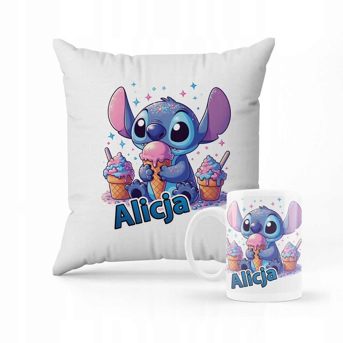 ZESTAW PODUSZKA + KUBEK PREZENT DLA DZIECKA STICH STITCH STICZ + IMIĘ ...