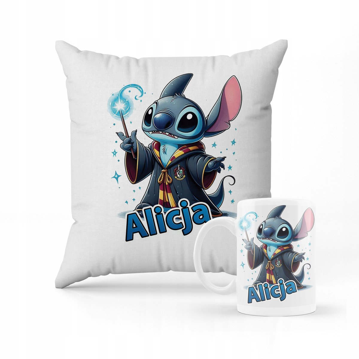 ZESTAW PODUSZKA + KUBEK PREZENT DLA DZIECKA STICH STITCH STICZ + IMIĘ ...