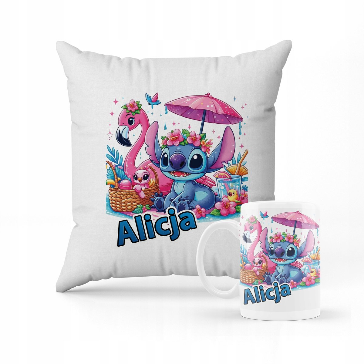 ZESTAW PODUSZKA + KUBEK PREZENT DLA DZIECKA STICH STITCH STICZ + IMIĘ ...