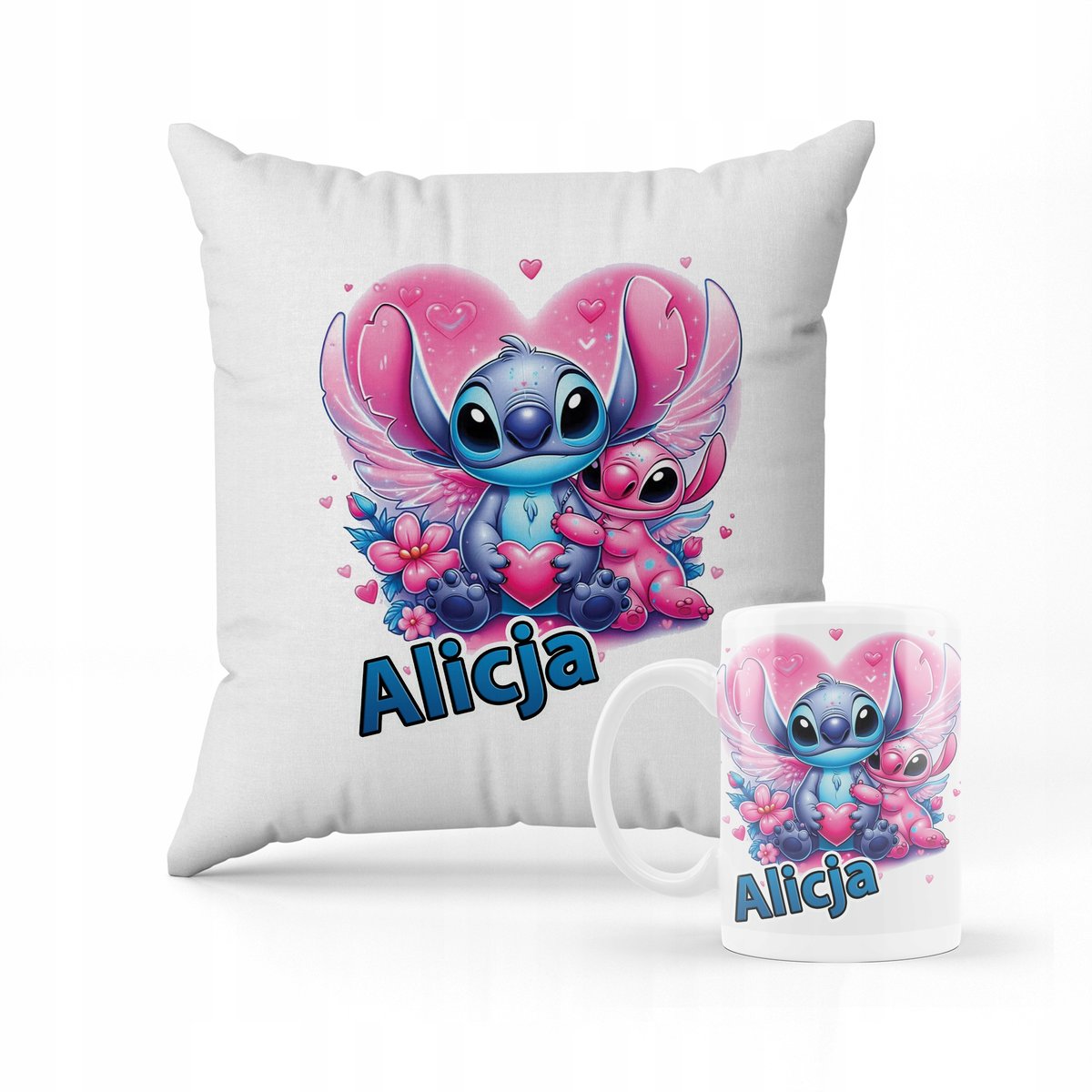 ZESTAW PODUSZKA + KUBEK PREZENT DLA DZIECKA STICH STITCH STICZ + IMIĘ ...