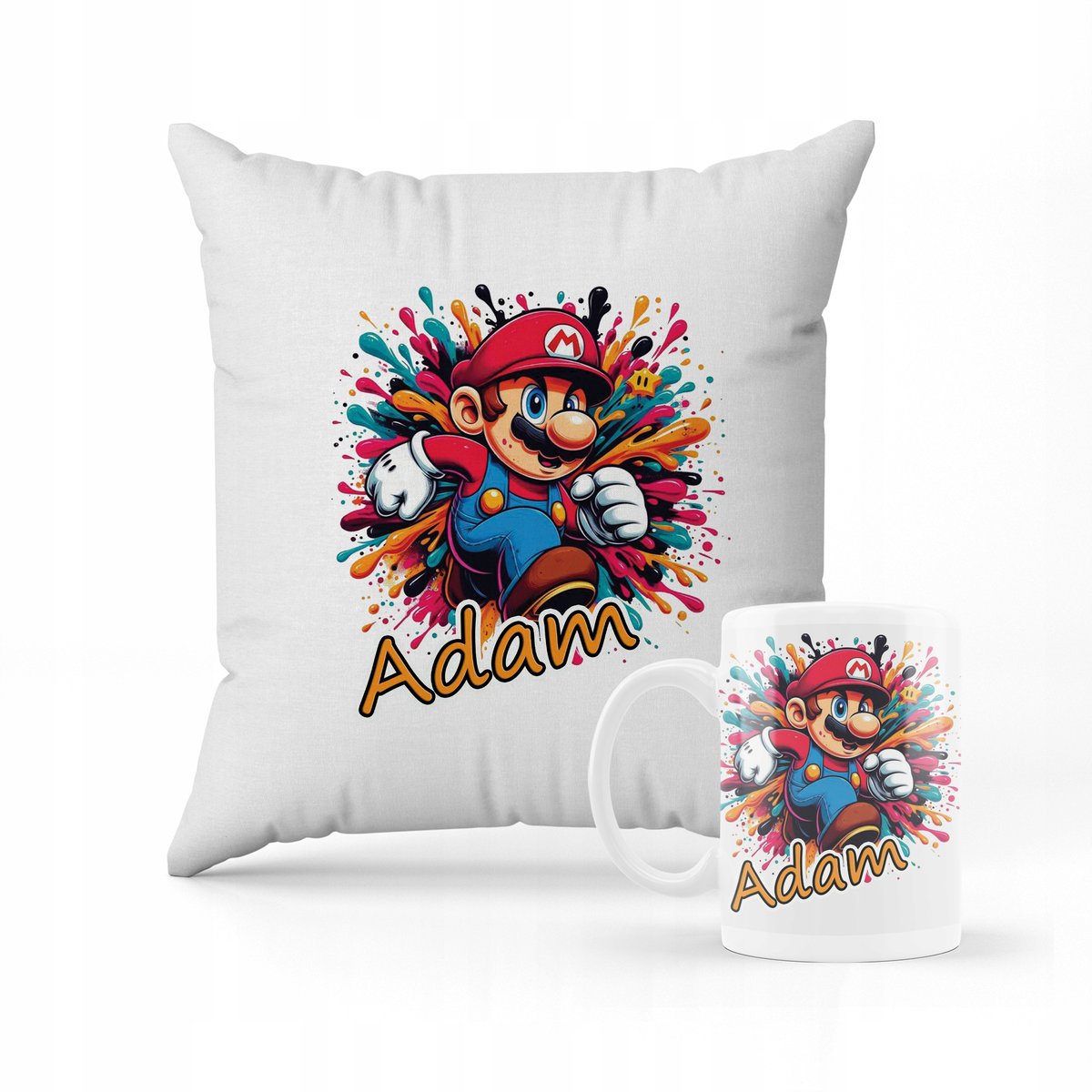 ZESTAW PODUSZKA + KUBEK PREZENT DLA DZIECKA SUPER MARIO BROS + IMIĘ 18 ...