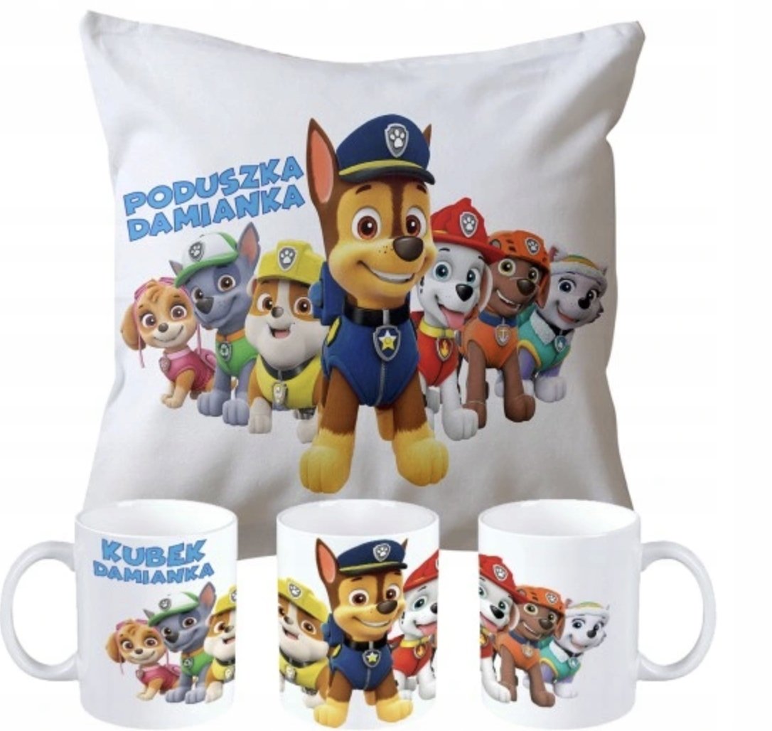 ZESTAW PODUSZKA + KUBEK Prezent PSI PATROL SKY CHASE RUBBLE ZUMA + IMIĘ ...