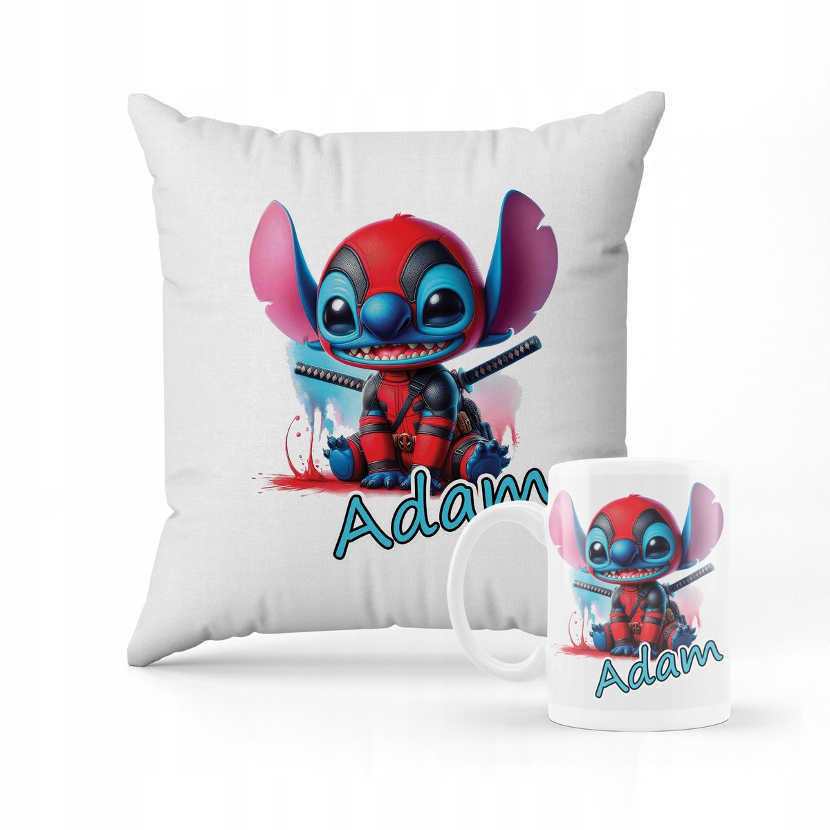 ZESTAW PODUSZKA + KUBEK Prezent STICH DEADPOOL STITCH + IMIĘ #3 - Atram ...