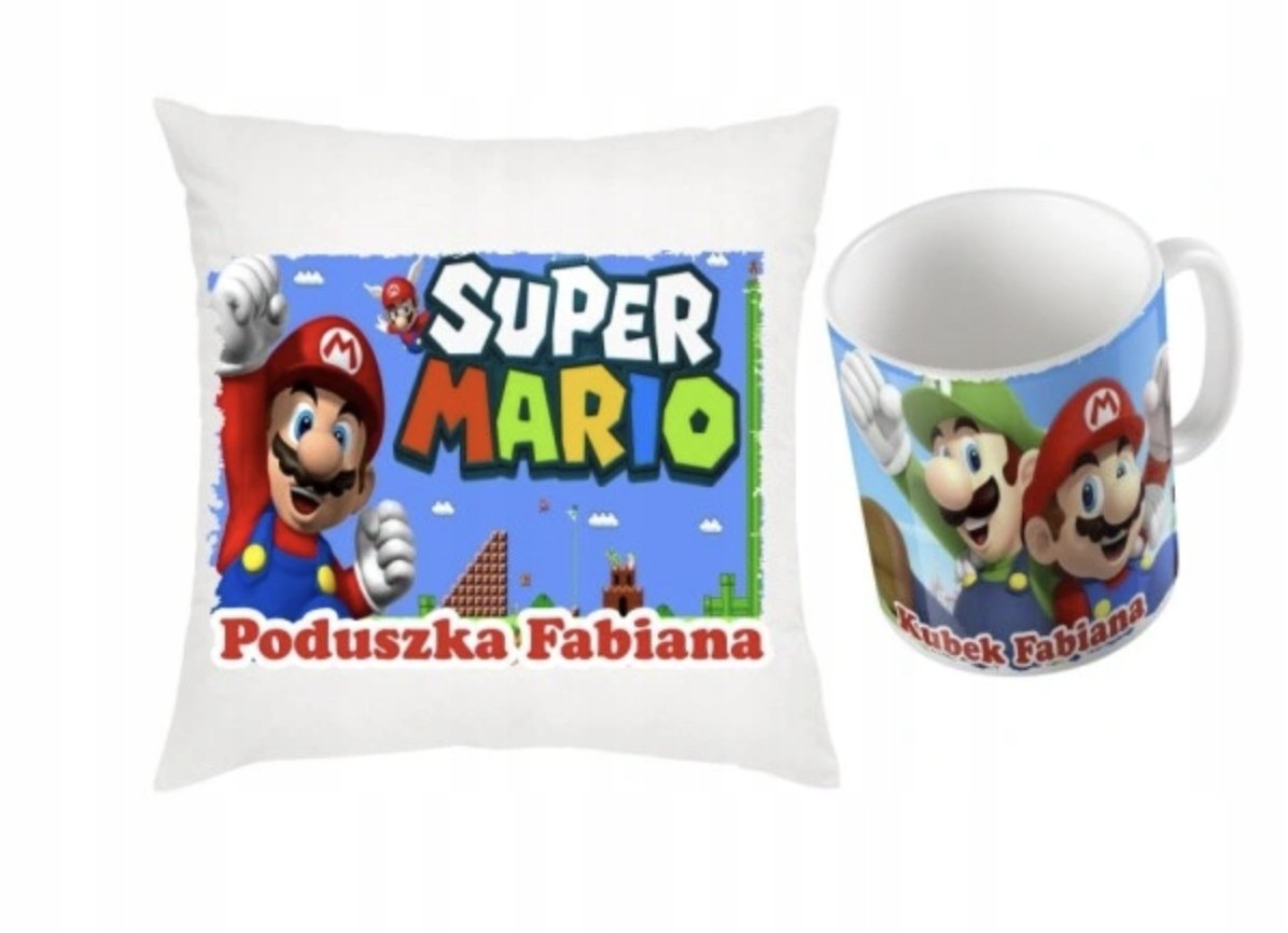 ZESTAW PODUSZKA + KUBEK Prezent SUPER MARIO BROS MARIO + IMIĘ 8 - Atram ...