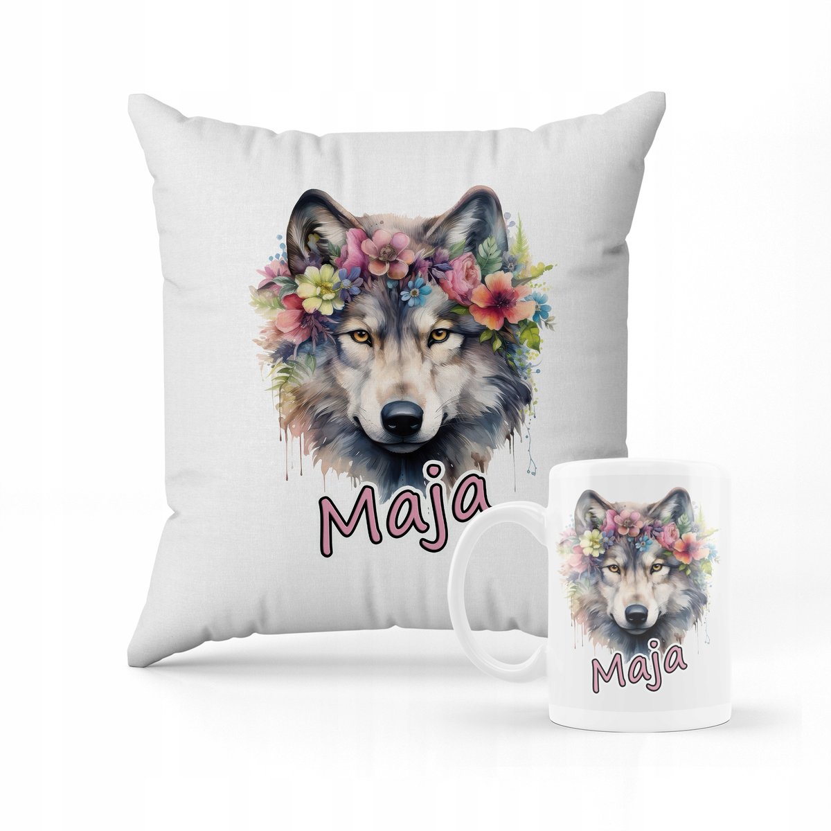 ZESTAW PODUSZKA + KUBEK Prezent Wilk Boho kwiaty las wolf + IMIĘ - Atram | Sklep EMPIK.COM