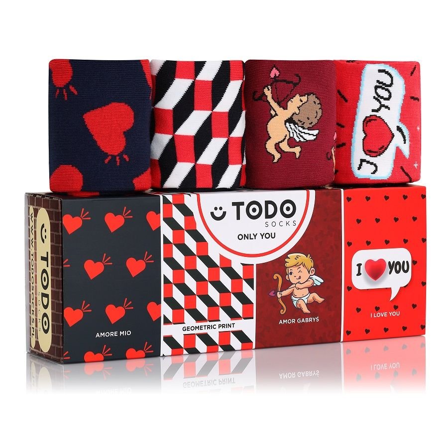 Zestaw prezentowy kolorowych skarpet ONLY YOU - Serca, Kupidyn, Krata ...