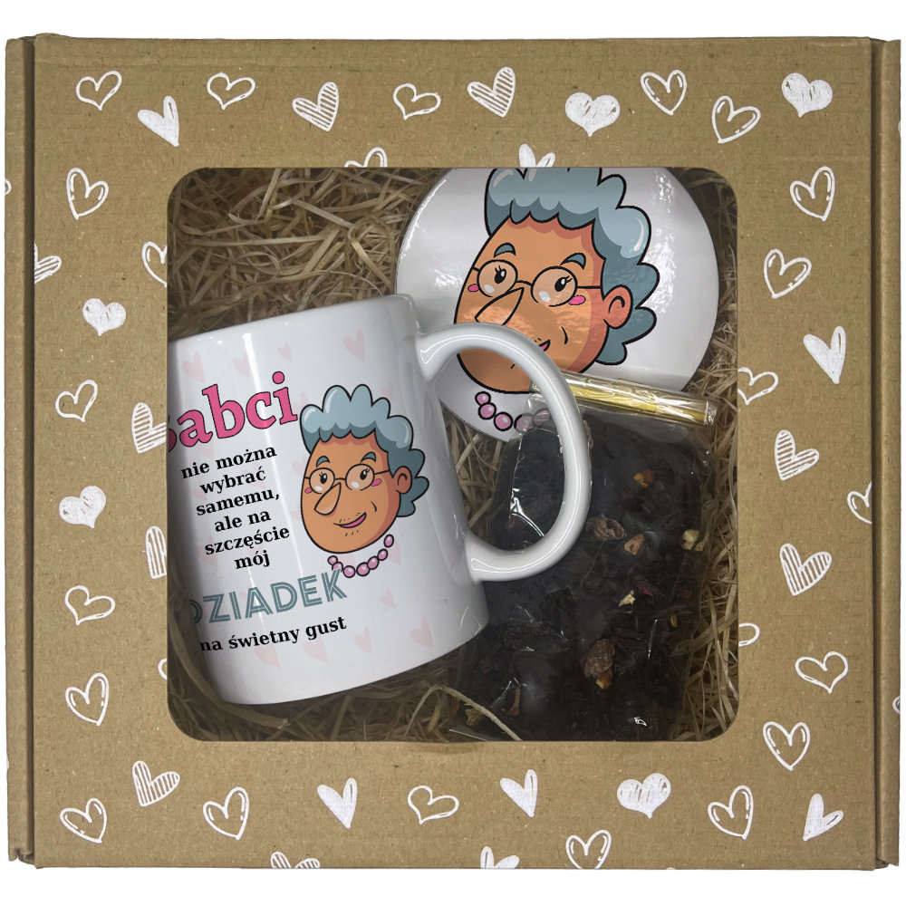 Zestaw prezentowy w kartoniku w serduszka - kubek Babcia ma świetny ...