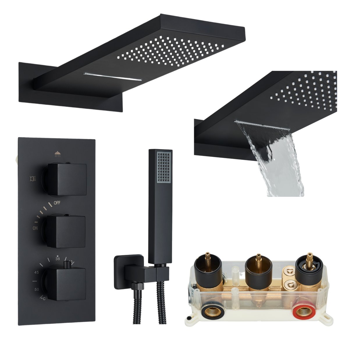 Zestaw Prysznicowy Podtynkowy z Termostatem Wodospadem Słuchawką i Deszczownicą BOX WATERFALL ...