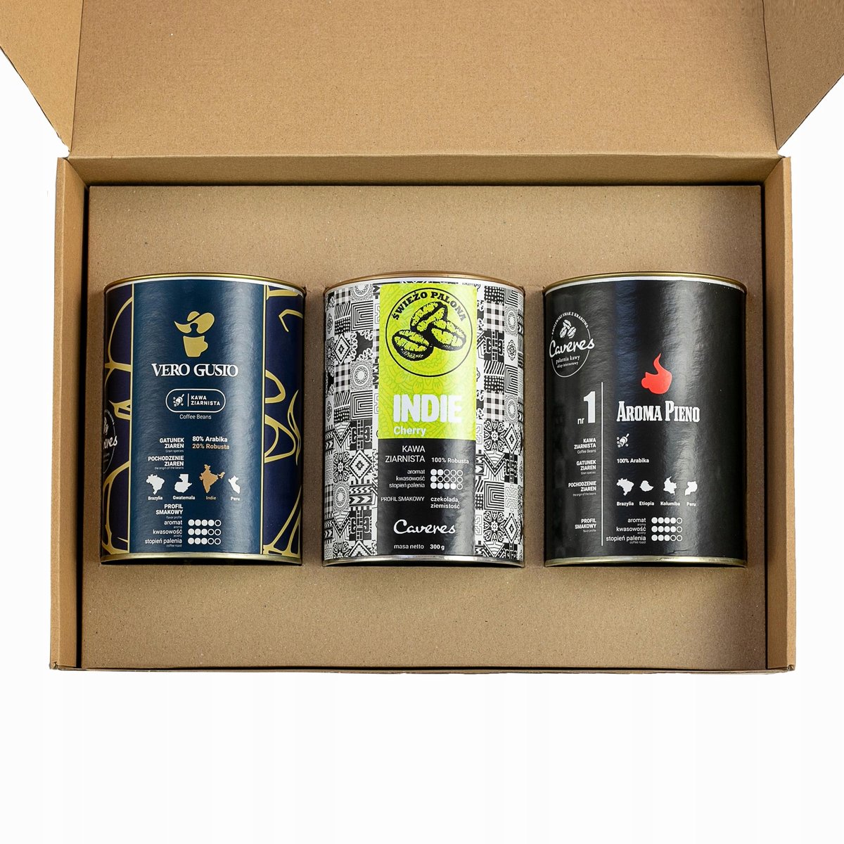 Zestaw Puszek: Vero Gusto, Indie Cherry i Aroma Pieno - Kawa Ziarnista 3x300g - CAVERES | Sklep ...