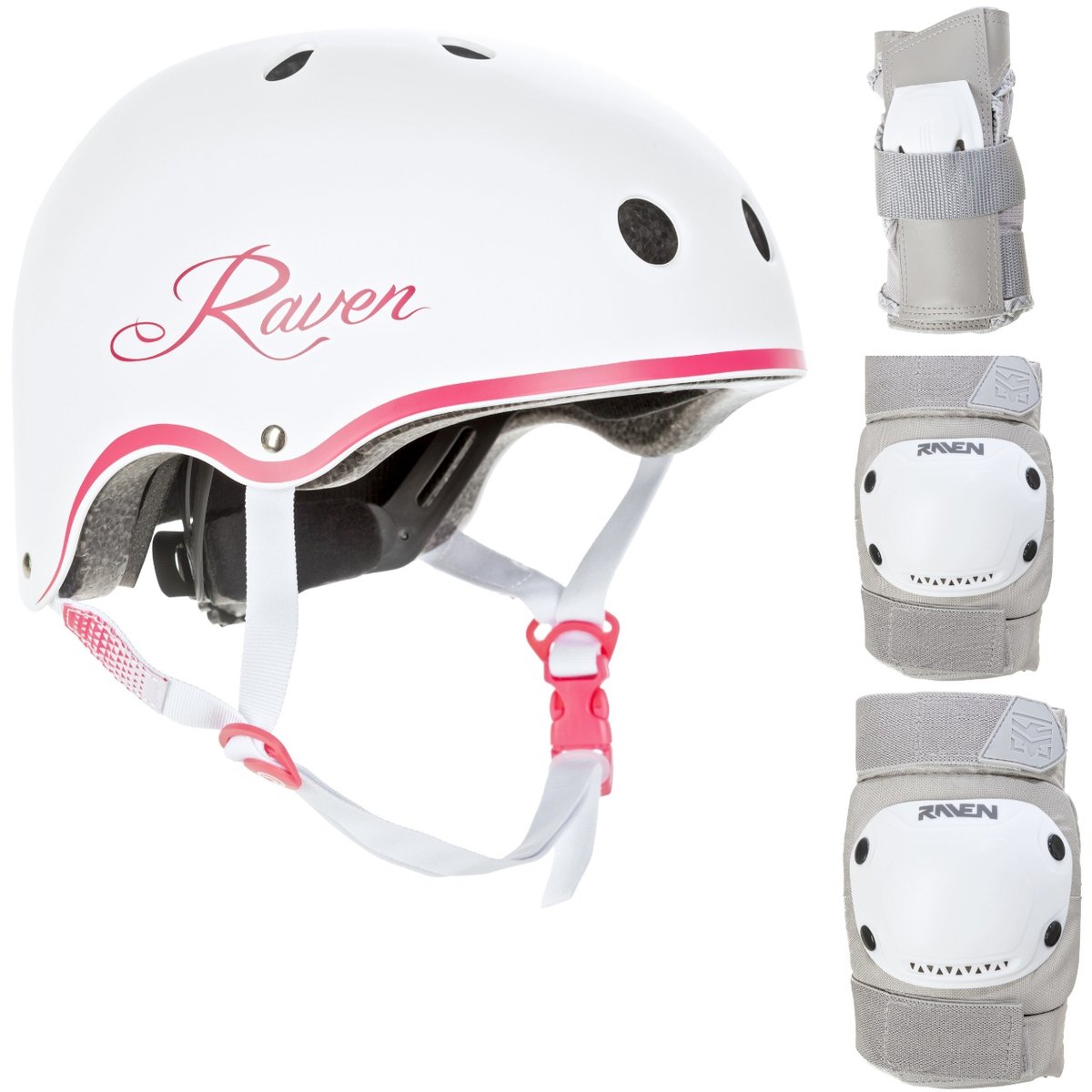 Zestaw RAVEN Kask Essto White/Pink XS + Ochraniacze Dexard Grey XS ...