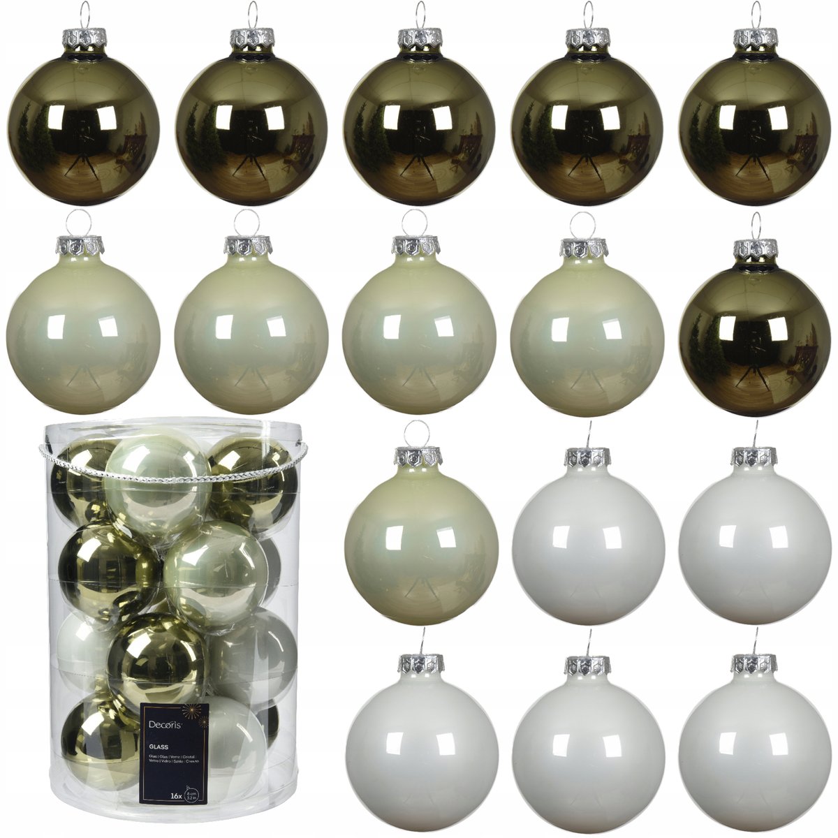 Zestaw Szklane Bombki na Choinkę 8 cm Biało-Zielonych w tubie kpl. 16 szt. - GardenPlus+ | Sklep ...