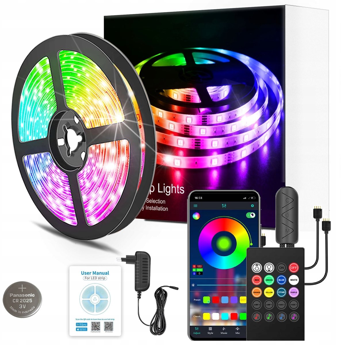 ZESTAW TAŚMA LED 5M RGB 5050 KOLOROWA Z PILOTEM ZASILACZ Muzyka ...