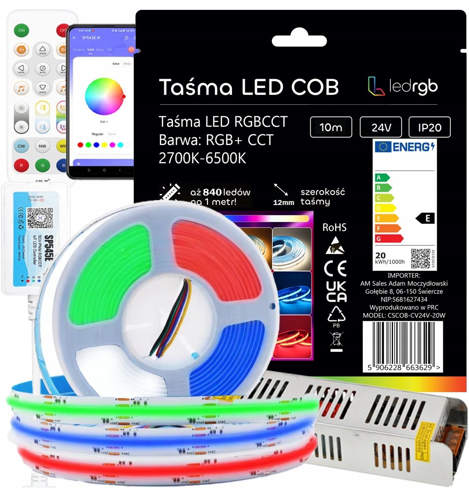 ZESTAW TAŚMA LED COB NEON 10M RGB CCT 840/m PILOT APLIKACJA BLUETOOTH ...