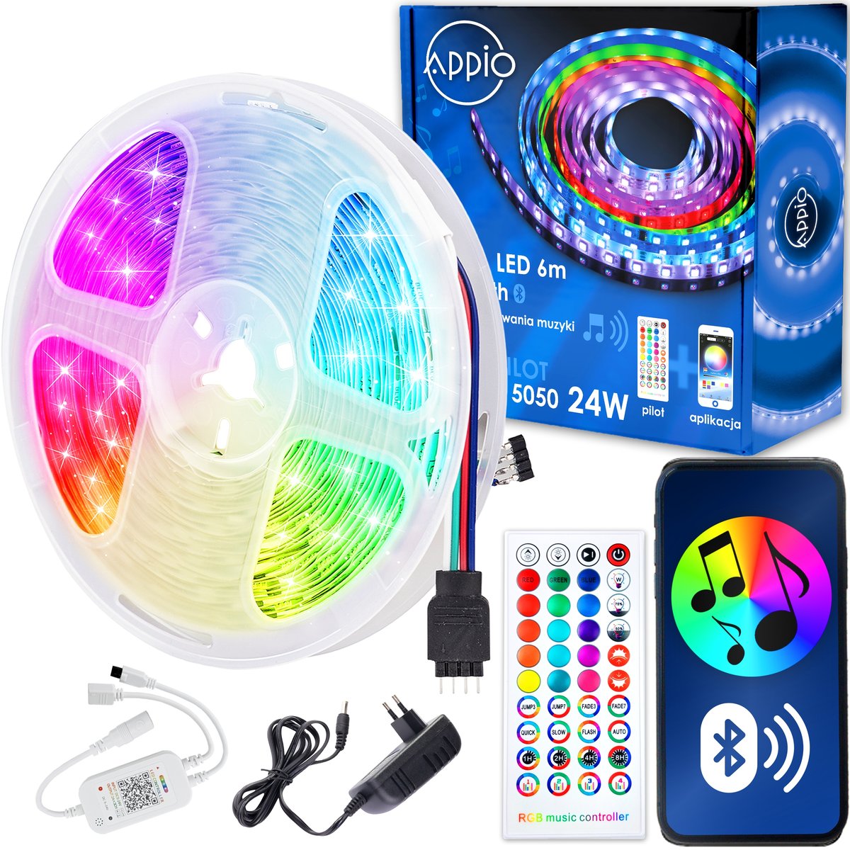 Zestaw Taśma LED RGB kolorowa 6m Bluetooth APLIKACJA MOBILNA MUZYKA ...