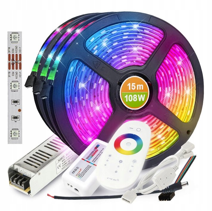 ZESTAW Taśma LED RGB multi 15m + Pilot Zasilacz Wysokiej Jakości ...