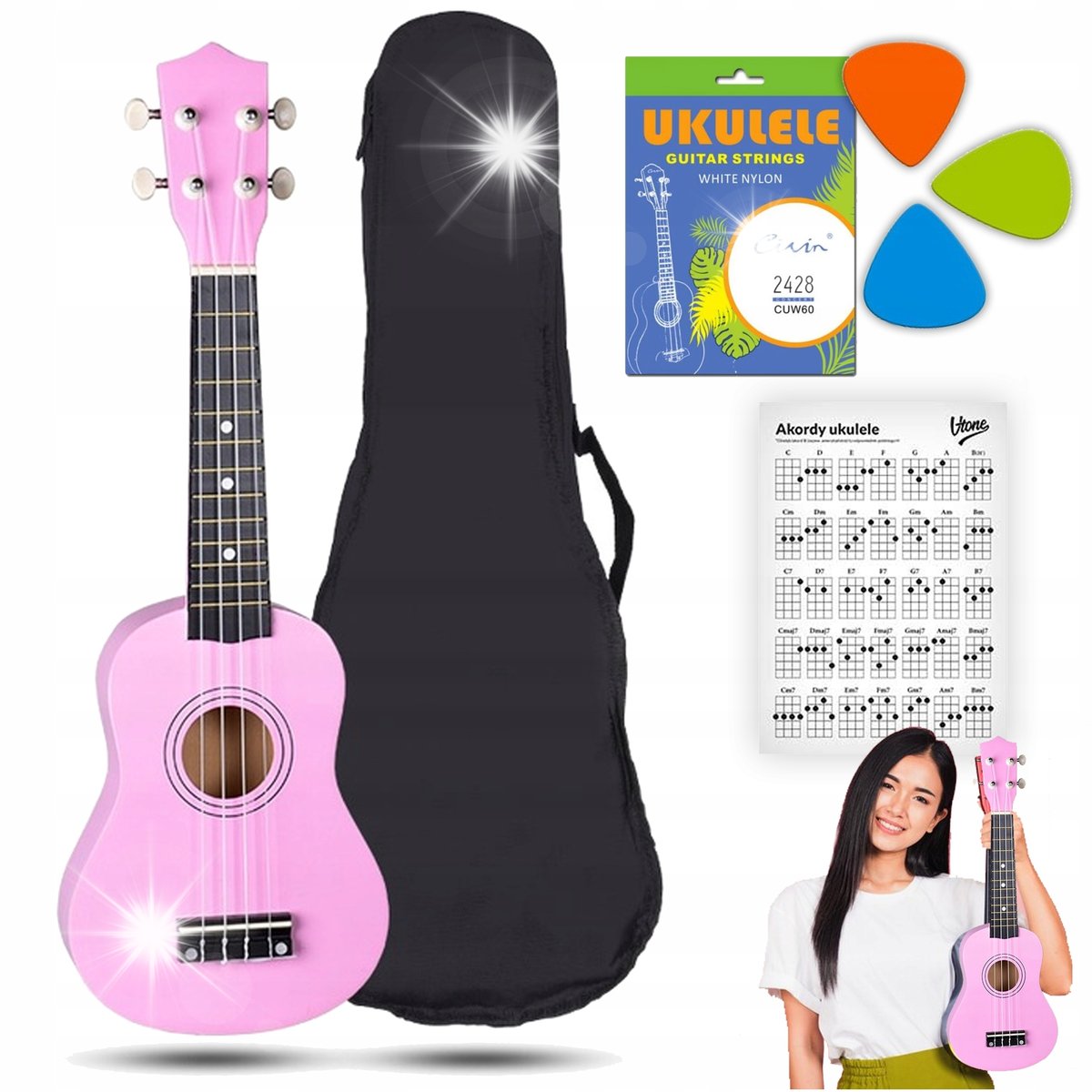 ZESTAW UKULELE SOPRANOWE DLA DZIECI+POKROWIEC+TUNER+ KOSTKI+ STRUNY+ ...