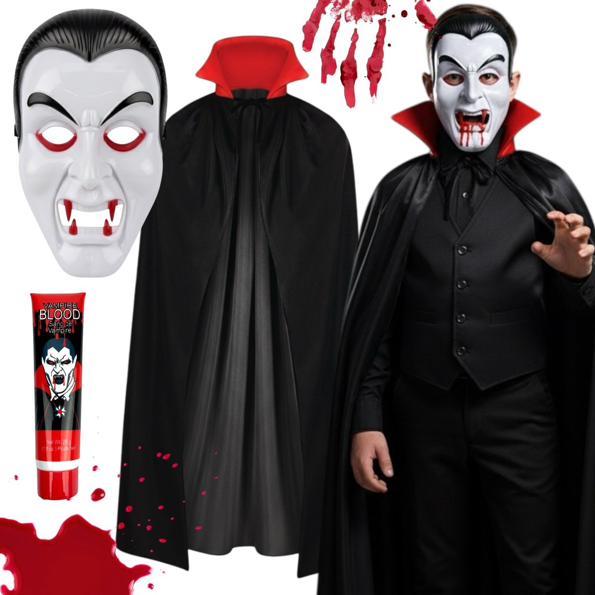 Zestaw Wampir Dracula Halloween Krew Maska Peleryna 120 cm - del-sol ...