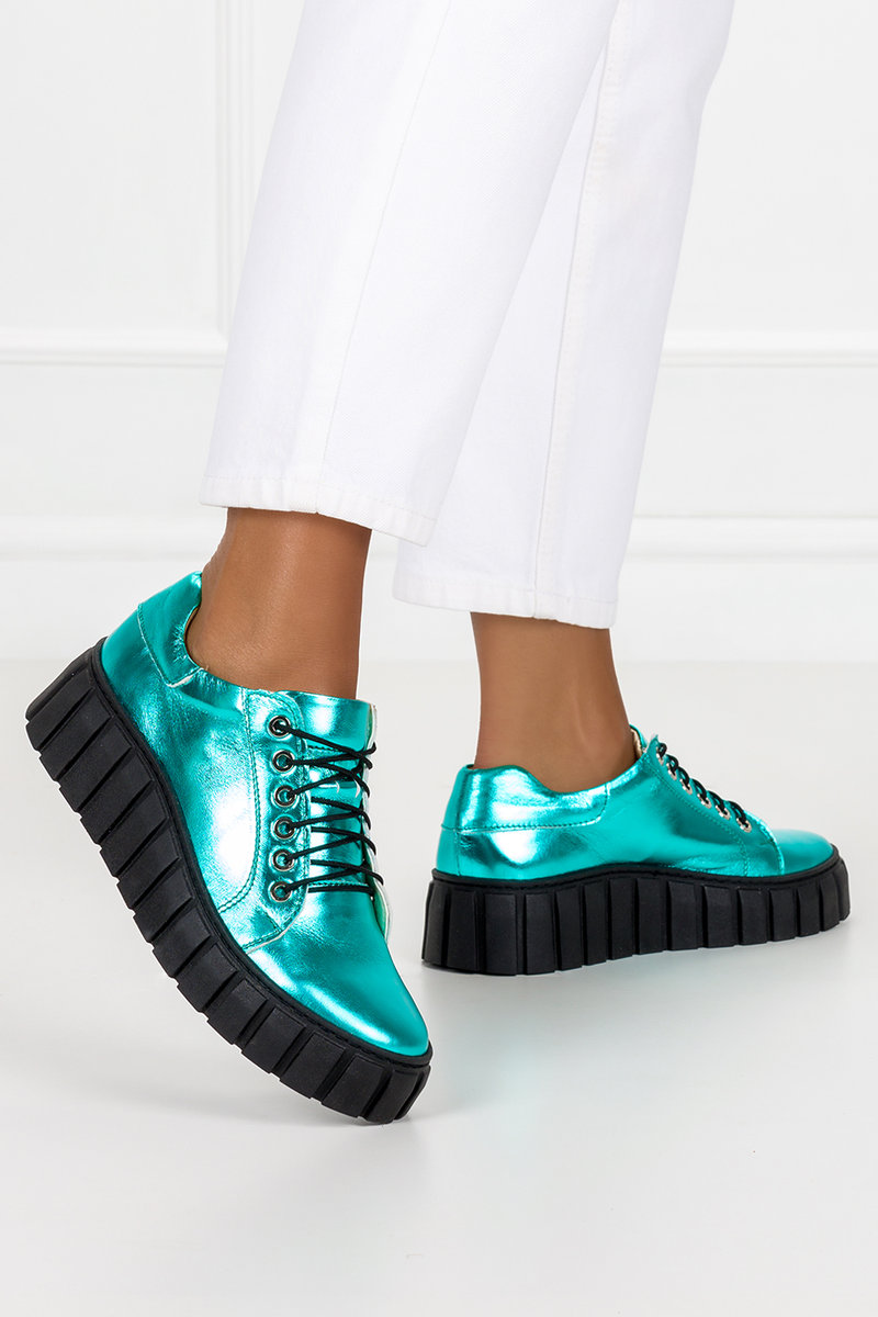 Zielone trampki skórzane damskie sneakersy metaliczne sznurowane PRODUKT POLSKI Casu 469-Z-39 ...