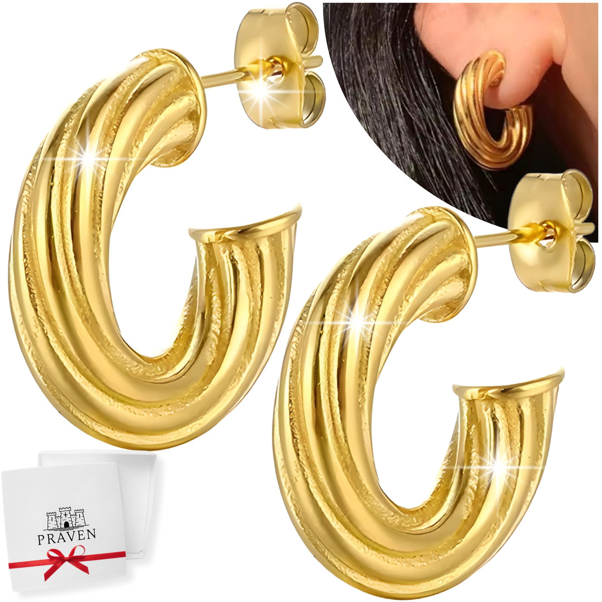 Złote Kolczyki 18K Stal Chirurgiczna 316L Kółka Wkrętki Geometryczne Pozłacane 18K - PRAVEN ...