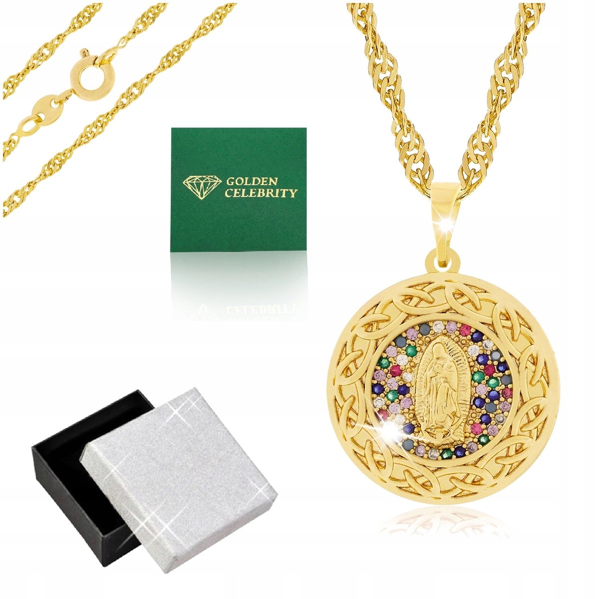 Złoty Damski Łańcuszek Singapur + Medalik Matka Boska 18K + Dedykacja ...