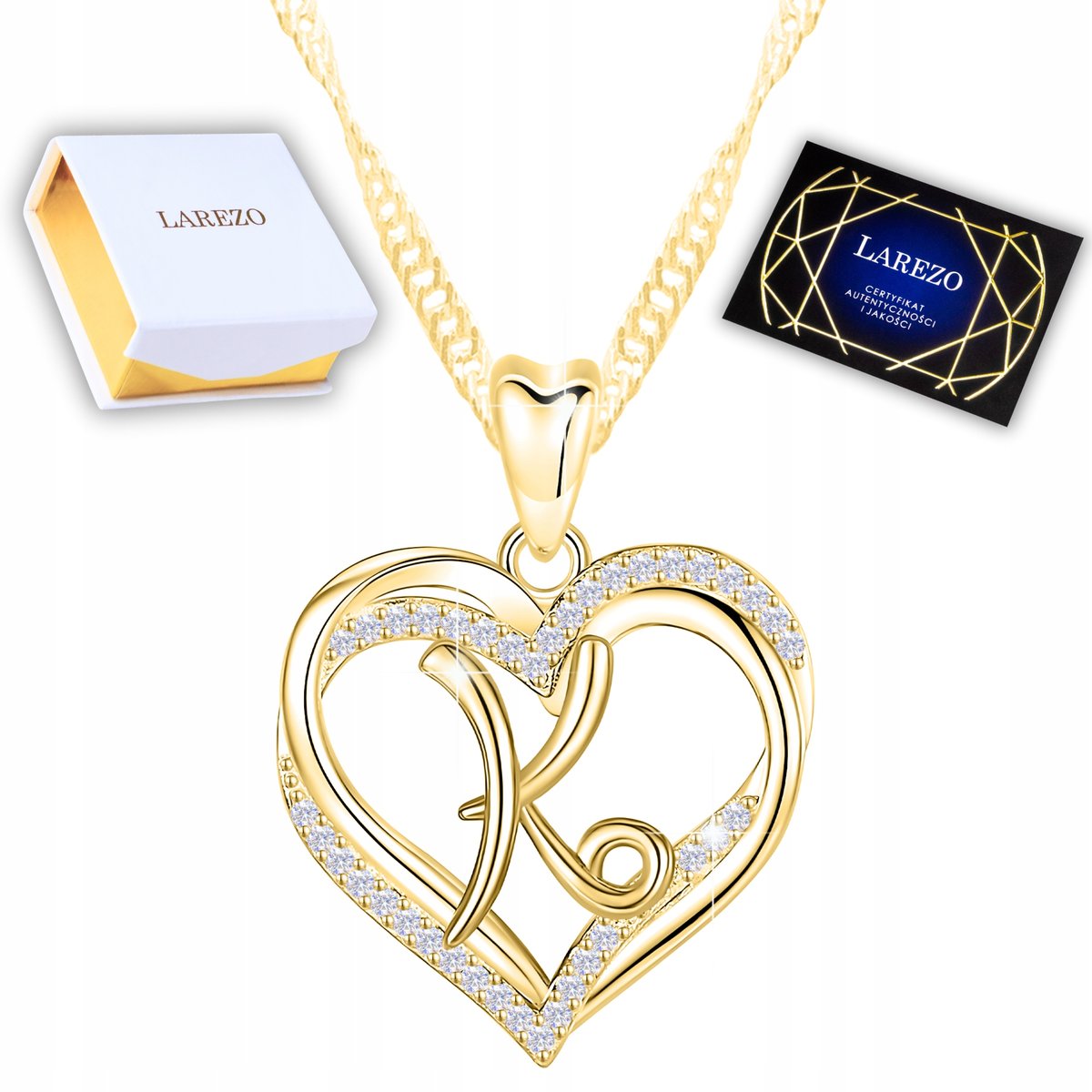 Złoty Naszyjnik 14K Serce z Literą Srebro 925 Love Literka K Pozłacany 585 - LAREZO | Moda Sklep ...