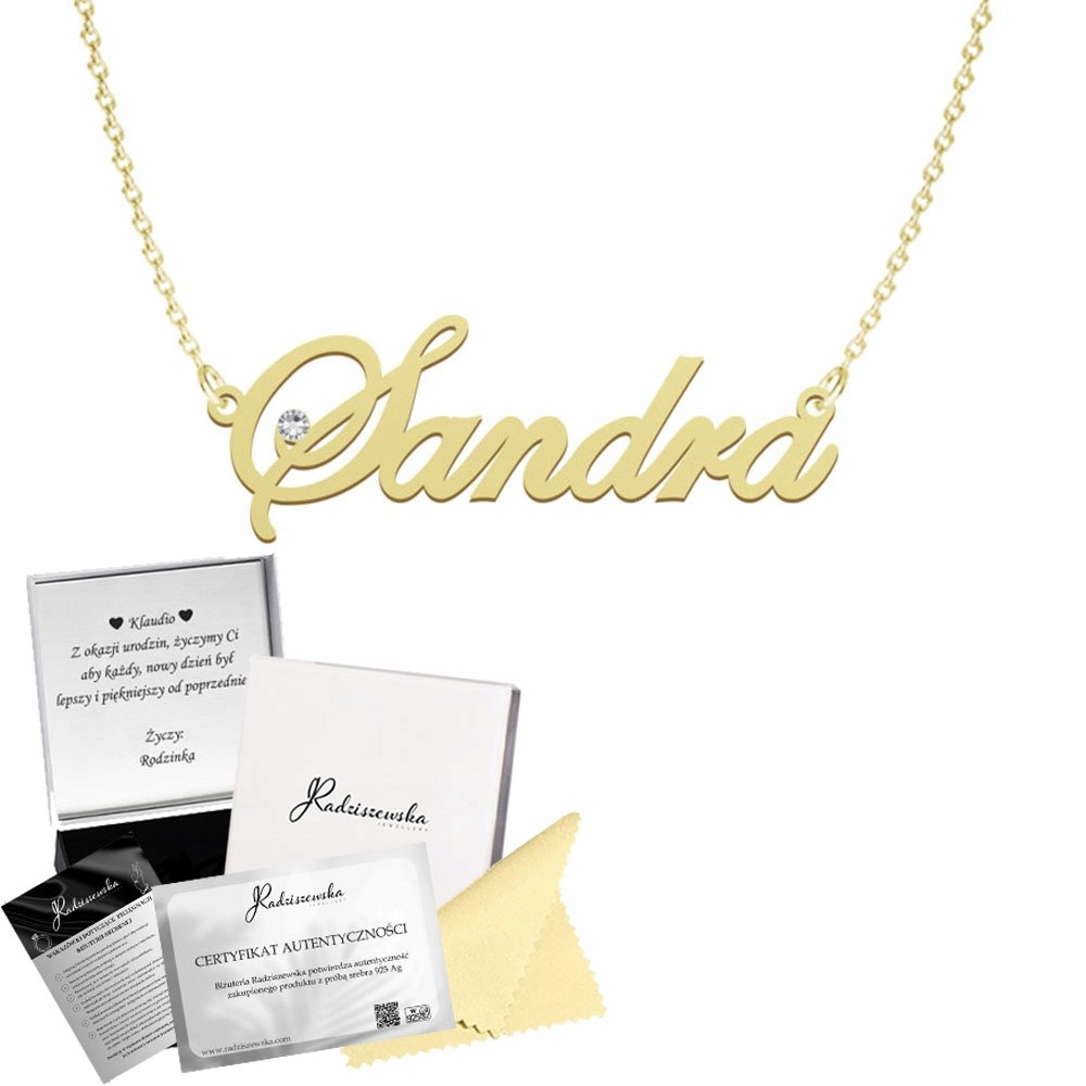 Złoty Naszyjnik z imieniem SANDRA Łańcuszek SREBRO 925 TABLICZKA GRATIS ...