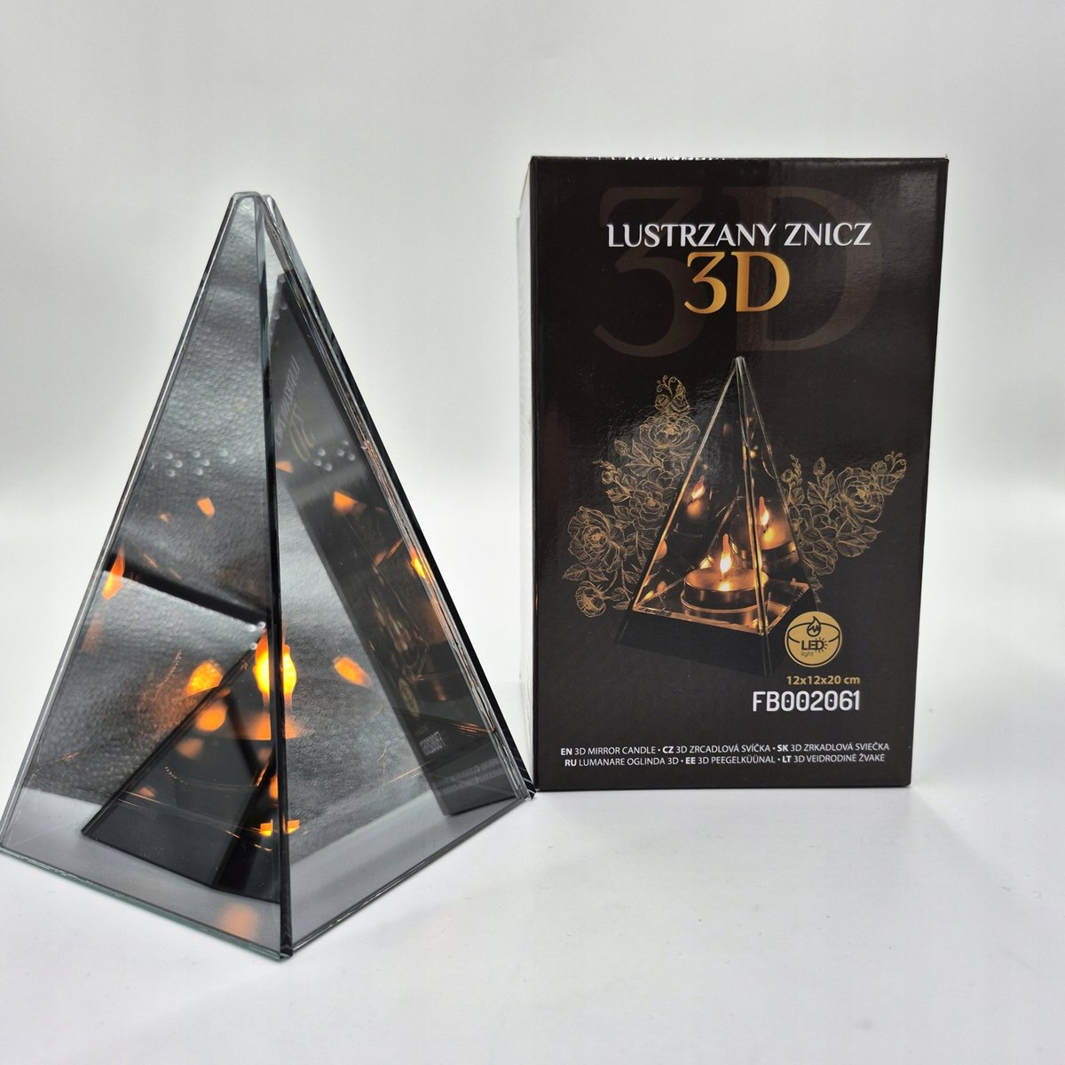 Znicz LED 3D Lustro Piramida 20 cm tunel światła podstawa 12x12 - Inna ...