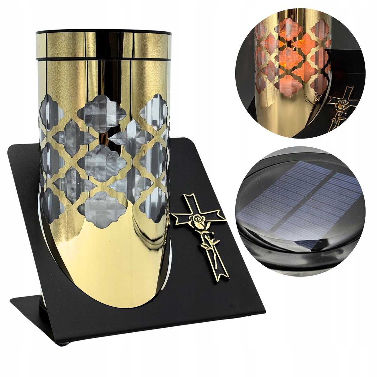 Znicz SOLARNY LED Ekskluzywny Znicz na Grób Elegancki Złoty Lampion ...