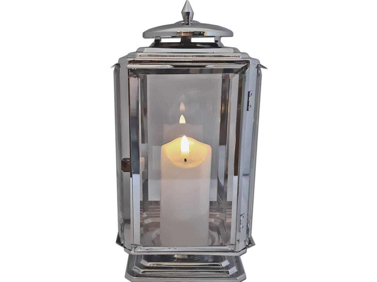 Znicz Znicze Lampion Premium Na Grób Latarnia Metal Srebro+Świeca Led ...