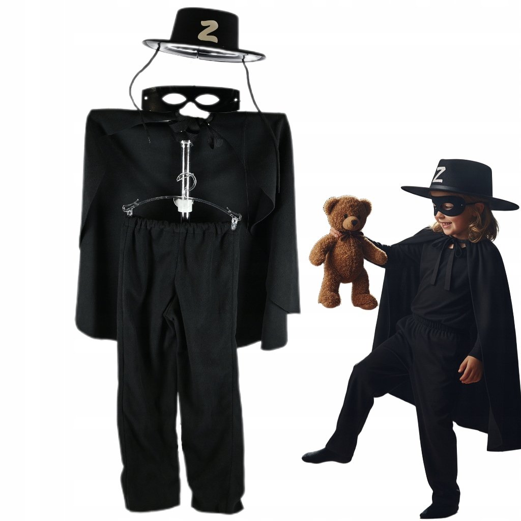 ZORRO HALLOWEEN STRÓJ KARNAWAŁOWY DLA DZIECI PELERYNA SPODNIE KAPELUSZ ...