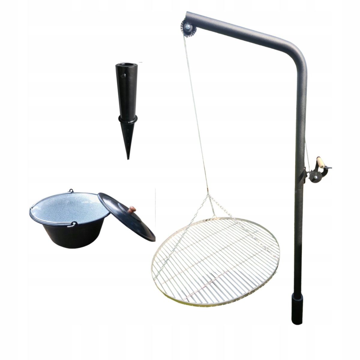 Żuraw grill ogrodowy na wysięgniku z rusztem inox 80 cm kociołek 14 ...