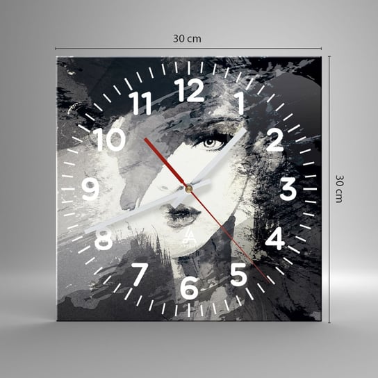 Zegar ścienny - Zza szarego woalu - 30x30cm - Twarz Kobiety Czarno-Białe Oczy - Kwadratowy zegar ...