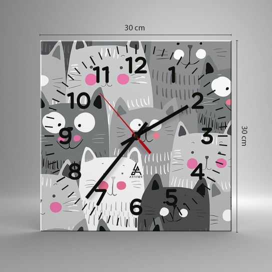 Zegar ścienny - Koci świat - 30x30cm - Dla Dzieci Kot Zwierzęta - Kwadratowy zegar ścienny ...