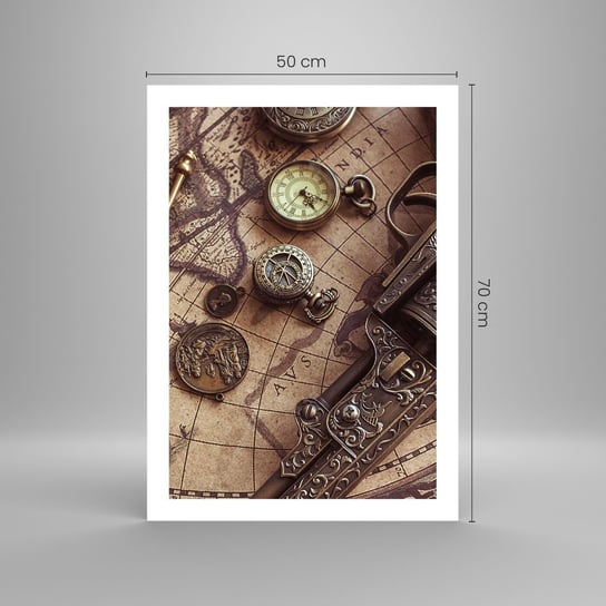 Obraz - Plakat - Przygoda wzywa - 50x70cm - Mapa Świata Kompas Rewolwer ...