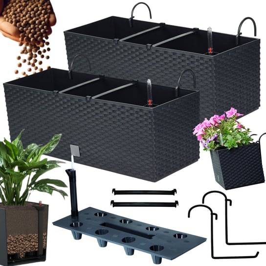 2x Doniczka balkonowa 51cm + uchwyty / haki, nawadniacz Skrzynka na balkon + keramzyt 5l - DIKEL ...