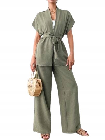 SHEIN TALL KOSZULA Z WIĄZANIEM I SPODNIE KHAKI CASUAL KOMPLET XL 1_A ...