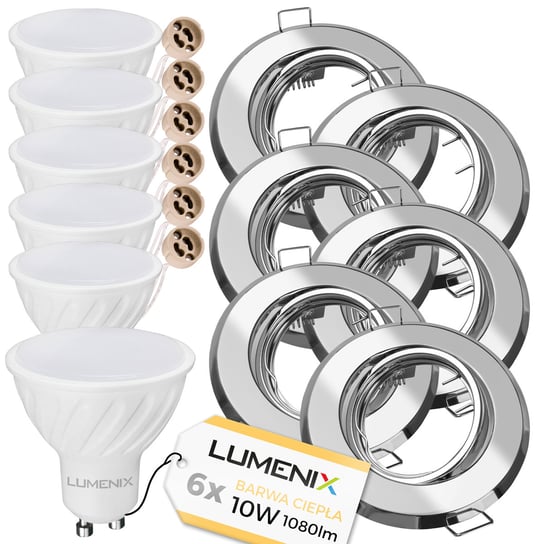 6x Zestaw oprawa halogenowa CHROMOWA OKRĄGŁA + żarówka GU10 LED 10W Ciepła - Lumenix DLED ...