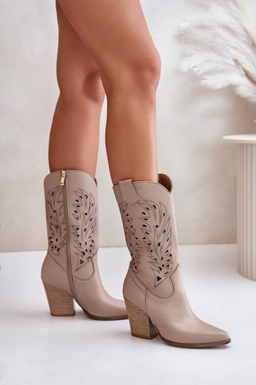 Ażurowe Kozaki Do Połowy Łydki Na Słupku Skórzane Lewski 3609 Beżowe-39 ...
