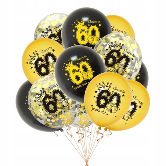 BALONY NA 60 60-STE URODZINY SZEŚĆDZIESIĄT MIX ZŁOTO CZARNY KONFETTI 12 ...
