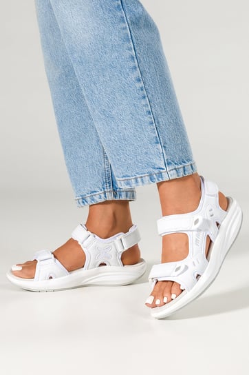 Białe sandały damskie sportowe na rzep platforma skórzana wkładka Casu ...