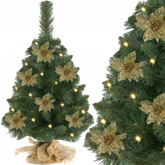 Choinka Sztuczna- Choineczka Mała Gęsta 60Cm + Złote Gwiazdy + Led ...