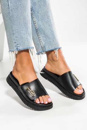 Czarne klapki skórzane damskie złota ozdoba bieżnikowana platforma ...