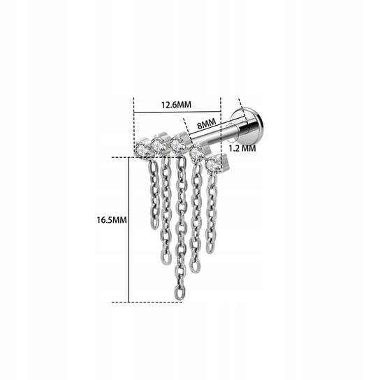 Tytanowy Kolczyk Labret PIERCING z Cyrkoniami i Łańcuszkami HELIX 1,2/6 ...