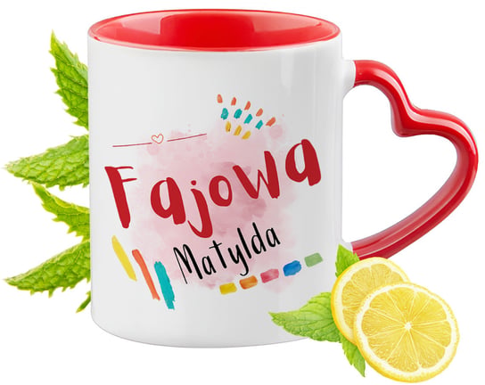 Dla Matyldy Kubek Czerwony z Uszkiem w Kształcie Serca na Prezent ...