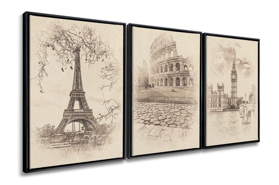 Duży Tryptyk Vintage Szkic Paryż Rzym Londyn Retro Obrazy w Czarnej ...