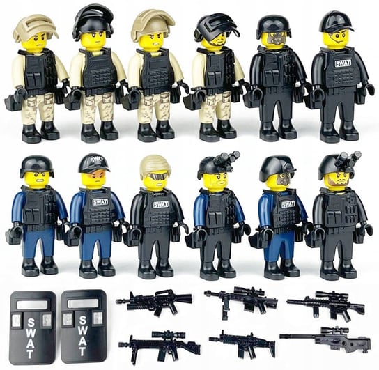 FIGURKI +BRONIE x12 WOJSKO 0053 policja klocki ludziki broń płytka ...